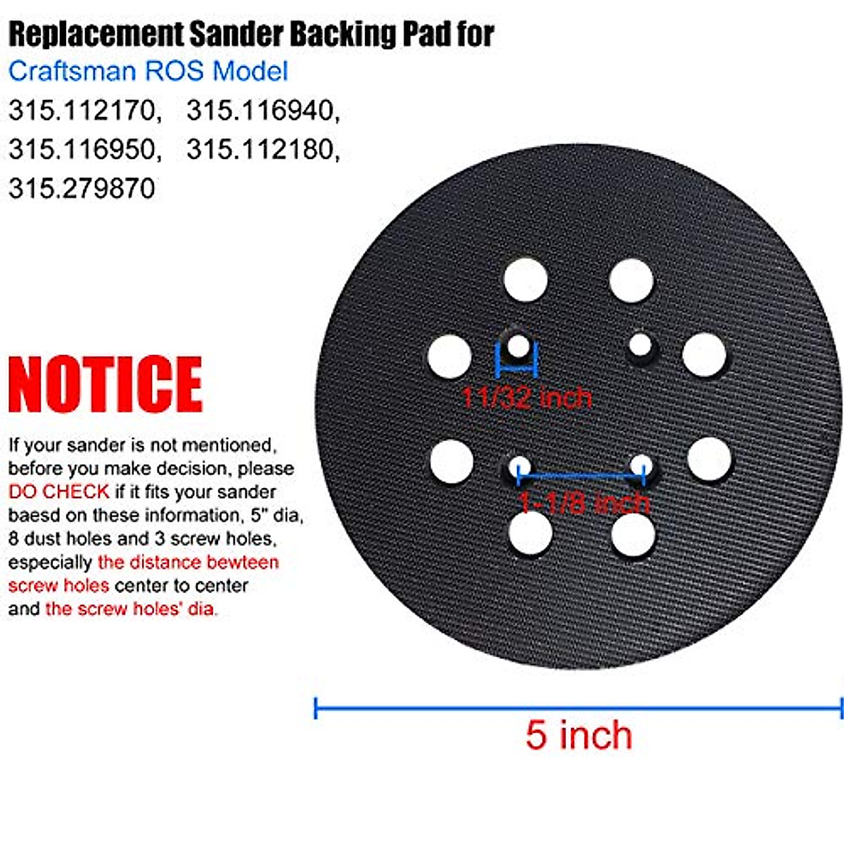 5 Inch 8 Hole Hook and Loop Replacement Sander Pad for Craftsman 315-315112170, 315116940, 315116950, 315112180, 315279870 Random Orbit Sanders- Sanding Pad