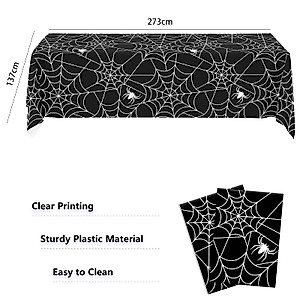 DAZONGE Spider Web Tablecloth for Halloween Party Decorations, 2 Pack Plastic Halloween Table Covers 54''x110'' Black, Spill-Proof Spider Web Table Cloth for Halloween Decor