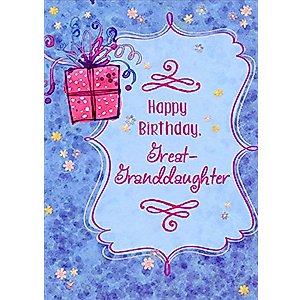 Designer Greetings Pink Present on Blue Background Birthday Card for Great-Granddaughter