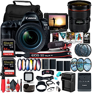 Canon EOS 5D Mark IV DSLR Camera with 24-70mm f/4L Lens (1483C018) + Canon EF 24-70mm f/2.8L II USM Lens (5175B002) + 4K Monitor + Pro Mic + 2 x 64GB Memory Card + Color Filter Kit + More (Renewed)