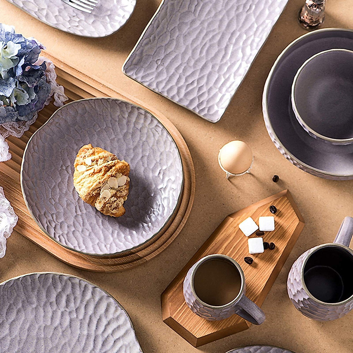 AB-Grade Porcelain Plate and Bowl Set,Kitchen Tableware Set,Ceramics Dinnerware Sets, 39 Pieces Nordic Style Porcelain Dinner Set for Family Gathering | Matte Series Purple Cereal Bowl Steak Plate an