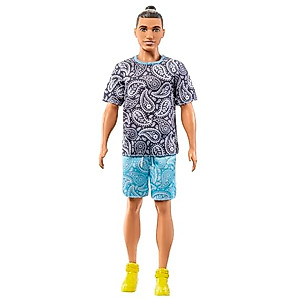 Barbie Ken Doll, Kids Toys, Fashionistas, Brown Hair in Bun, Paisley Tee and Shorts, Clothes and Accessories