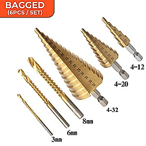 6PCS HSS Titanium Coated Drill Bit Set, High Speed Reaming Pagoda Sawtooth Set, Including 3 Sizes of Step Drill Bit and 3 Sizes of Saw bit for Metalworking, Woodworking, Hole Drilling