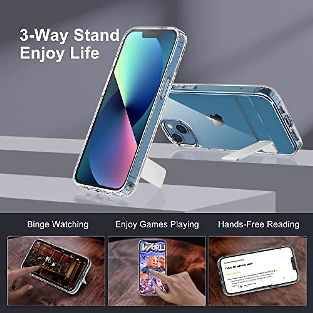 JETech Kickstand Case for iPhone 13, 6.1-Inch, Support Wireless Charging, Slim Shockproof Bumper Phone Cover, 3-Way Metal Stand (Clear)