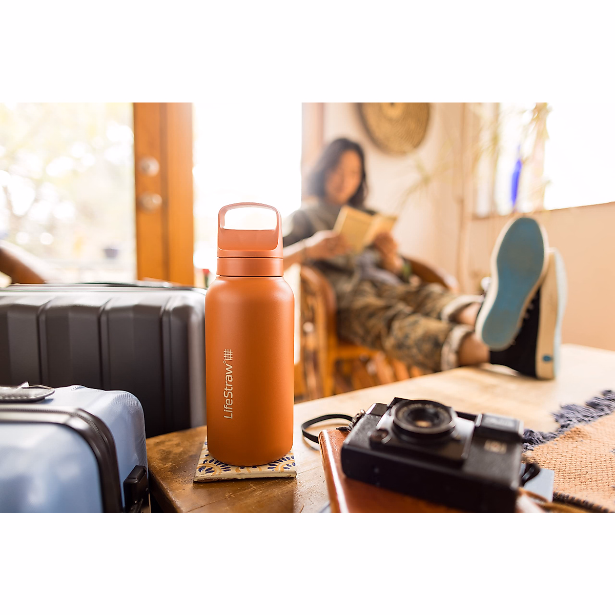 LifeStraw Go Series — Insulated Stainless Steel Water Filter Bottle for Travel and Everyday Use Removes Bacteria, Parasites and Microplastics, Improves Taste, 1L Icelandic Blue