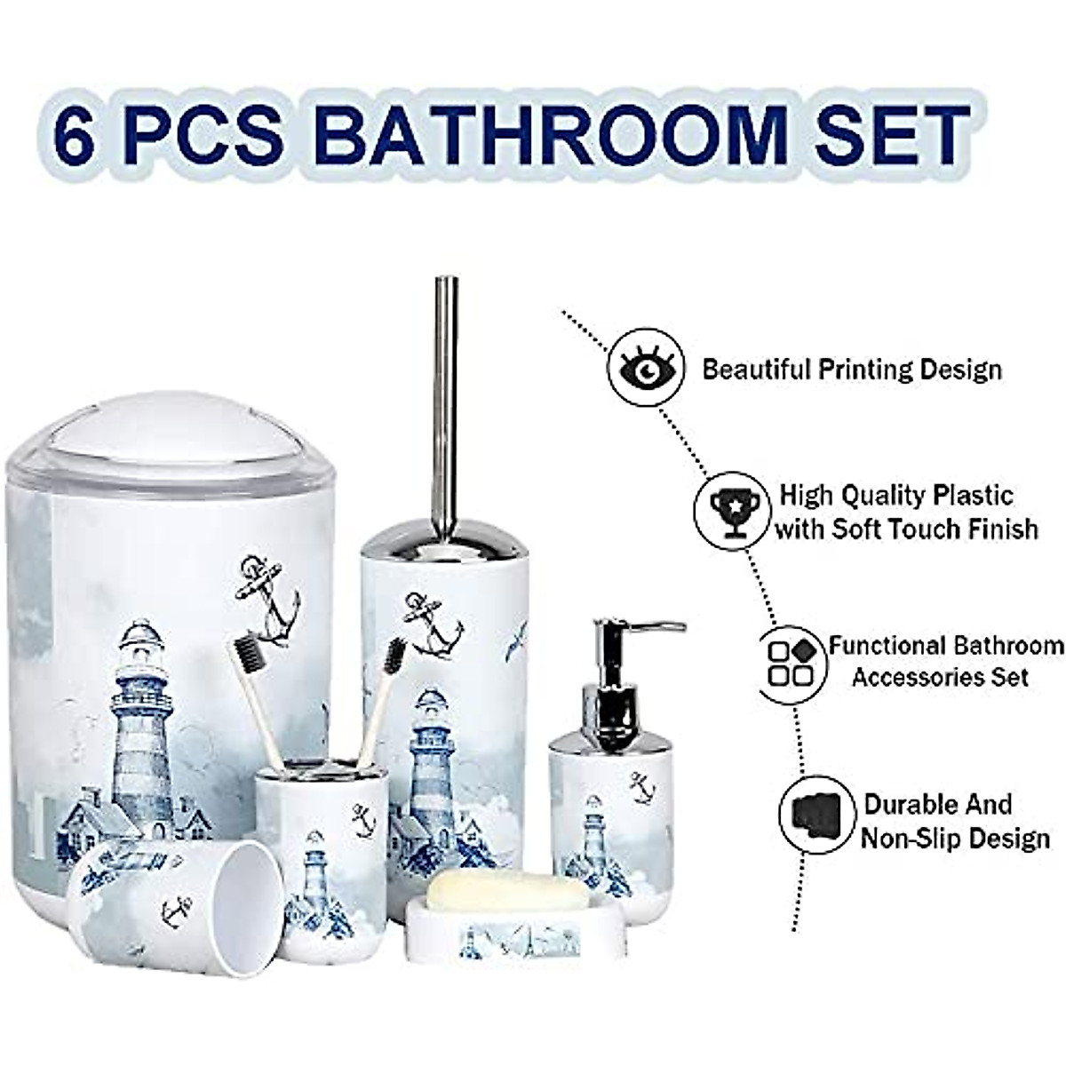 6 Piece Plastic Bathroom Accessory Set Luxury Lighthouse Bath Accessories Bath Set Lotion Bottles,Toothbrush Holder,Tooth Mug,Soap Dish,Toilet Brush,Rubbish for Modern Design