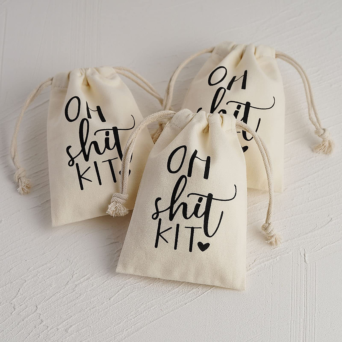 PandaSew Oh Kit Bags Party Favor Bags for Bachelorette Survival Jewelry Bag Luxury Beige Cotton Canvas Drawstring Bag for gift (20pcs 4x6 inch)