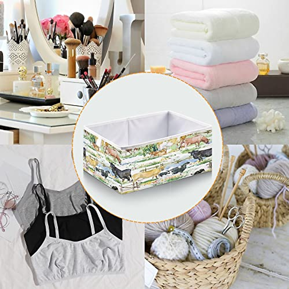 Kigai Farm Animals Watercolor Bow Storage Box, Foldable Storage Bins with Handle, Decorative Closet Organizer Storage Boxes for Home