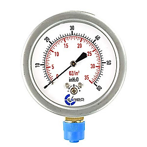 CARBO Instruments Diaphragm Low Pressure Capsule Gauge, 2-1/2" Dial, 0-35 oz/0-60in H2O Range, 1/4" NPT Lower Mount, Stainless Steel Case, Brass Internals, Adjustable, Dual Scale 35 oz/60 inH2O (IWC)