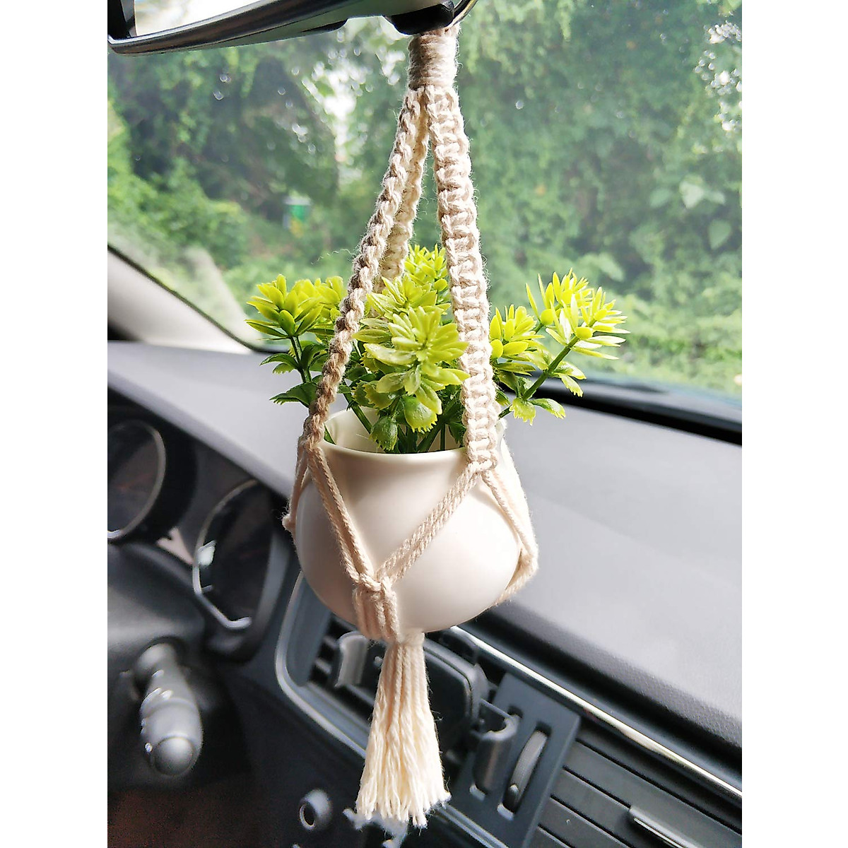 Dahey Mini Macrame Plant Car Accessories Rear View Mirrior Charm Cute Hanging Rearview Car Decor Boho Hanger with Artificial Succulent for Plant Lover, 2 Pcs, 10.5 inch, White
