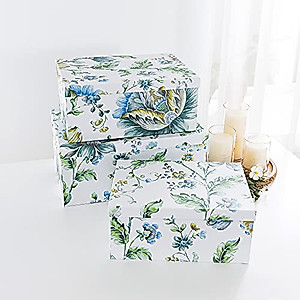 Soul & Lane Breezy Bloom Floral Storage Boxes with Lid - Set of 3: Home Décor Memories Cartons, Nesting Decorative Photo Storage Containers, Flower Paperboard Keepsake Bins, Cardboard File Boxes