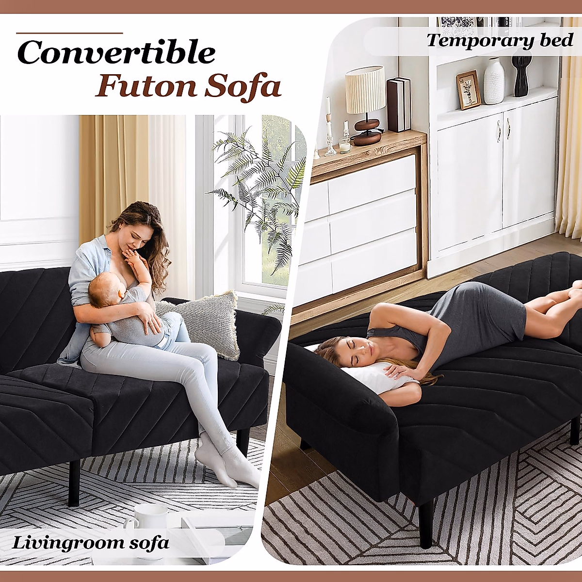 87 Inch Futon Sofa Bed, Modern Convertible Sleeper Futon Couch with Adjustable Armrests and Backrest, Velvet Oversized Loveseat Sofa Couch for Living Room, Apartment,Black