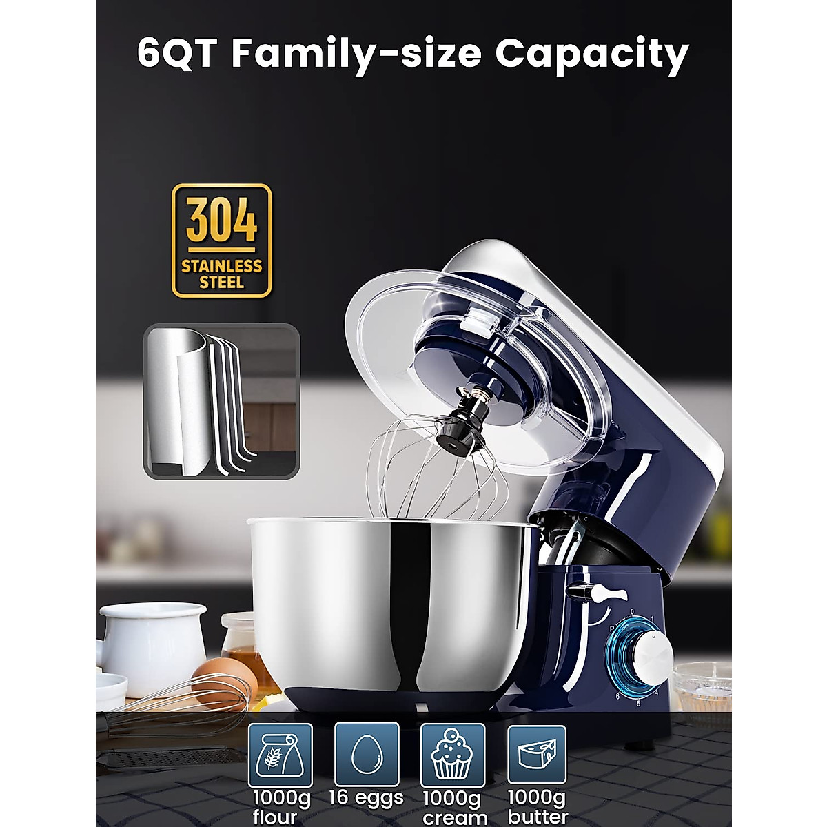 Stand Mixer, Petalirs 6 QT 660W 6-Speed Tilt-Head Food Mixer, Kitchen Electric Mixer with Dough Hook, Wire Whip & Beater