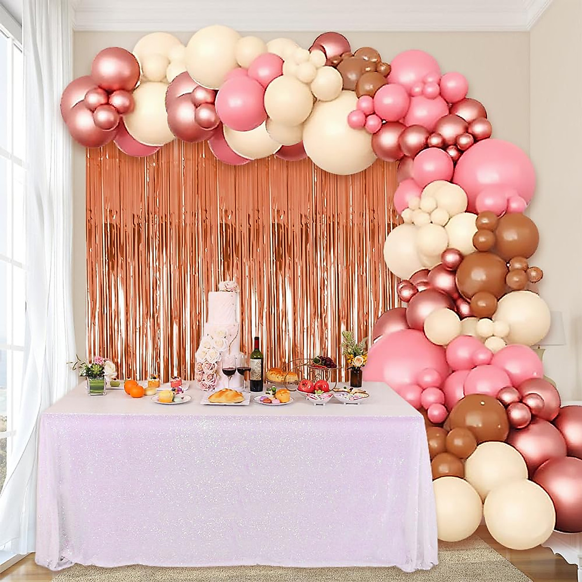 Rose Gold Balloon Arch Kit Dusty Rose Balloon Garland Rose Gold Foil Fringe Curtain Nude Boho Blush Balloon Arch for Girl Women Bridal Baby Shower Wedding Engagement Birthday Party Decoration 146Pcs