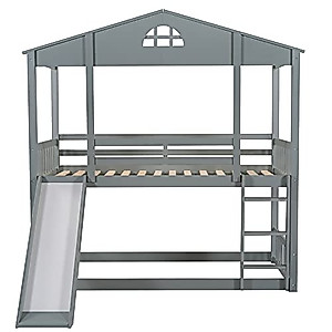 Polibi Twin Over Twin Bunk Bed with Convertible Slide and Ladder, Can be Converted into 2 Solid Wood House Platform Bed with Roof and Guardrail, Grey