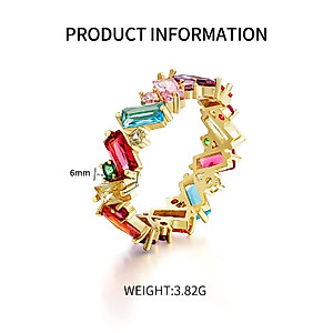 Kemstone Colorful Dainty Cubic Zirconia Rainbow Square Zircon Statement Ring for Women