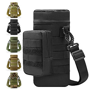 Molle Water Bottle Pouch, Tactical Black Water Holder Carrier with Pocket Stap for Hiking Camping