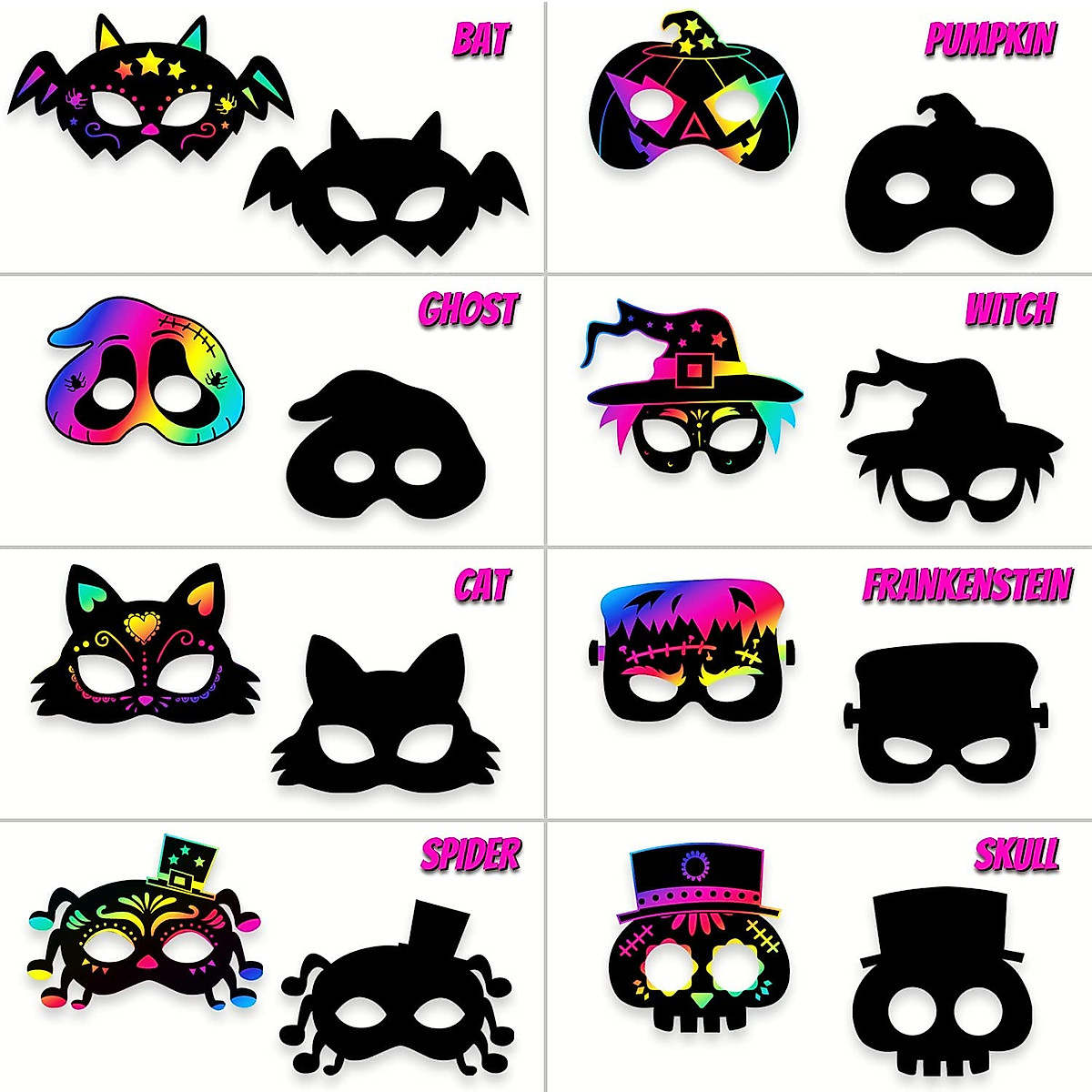 Magic Masks, 8PCS Rainbow Scratch Paper Halloween Masks DIY Art Craft Kit Ghost Skeleton Cat Witch Pumpkin Bat Spider Mask Decorations for Kids Birthday Party Halloween Cosplay Creative Gift