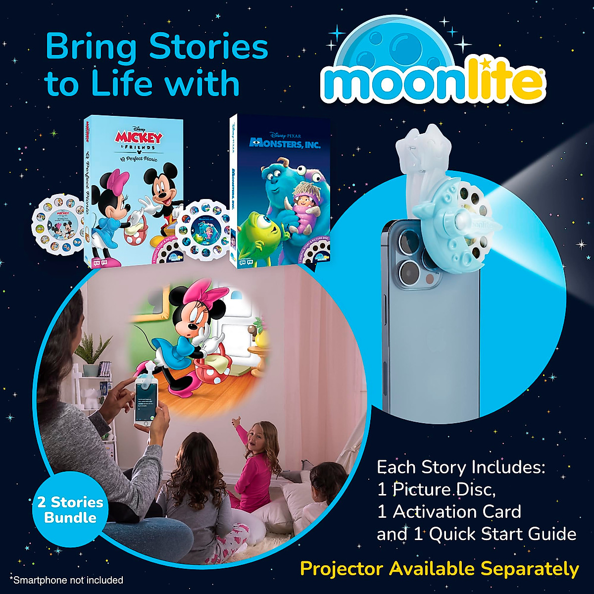 Moonlite Storytime Storybook Reels, 2 Story Set, Mickey and Friends A Perfect Picnic and Monsters Inc, Digital Stories for Projector, Toddler Early Learning Gifts for Kids Ages 12 Months and Up