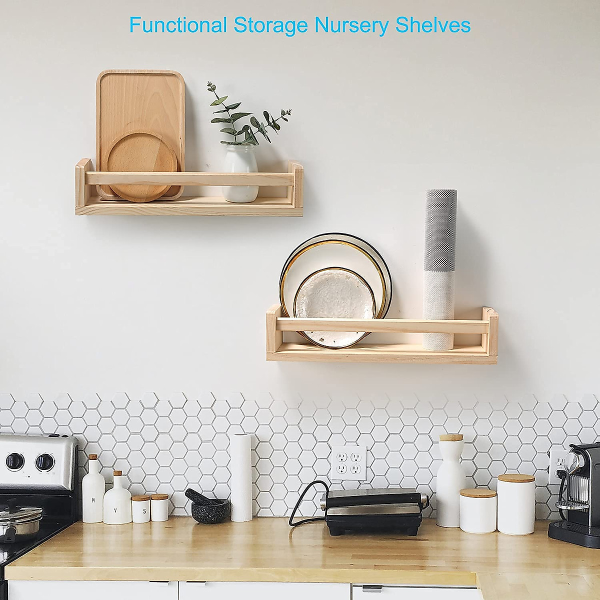 Amy Dceom Nursery Book Shelves Set of 2, Wood Floating Book Shelves for Kids Room, Rustic Baby Nursery Shelf Decor for Bedroom, Living Room (Natural)