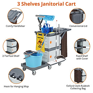 Commercial Janitorial Cart with 2 Cabinet - Black Housekeeping Caddy with Cover, Shelves, and Vinyl Bag