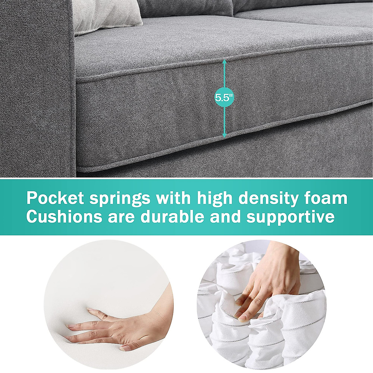 RUNWON Modern Upholstered Sectional Sofa Furniture Set-L Shape Couch with 3 Pillows, 91x91 for Living Room, Gray