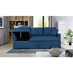 OMGO 82'' L-Shape Convertible Sleeper Sectional Sofa with Storage Chaise and Pull-Out Bed, Linen Upholstered Reversible Corner 3 Person Couch, for Living Room, Apartment, 82, Blue