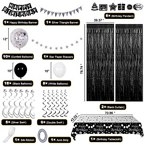 Birthday Decorations Black and White for Men Women, 74Pcs Happy Birthday Balloons Set for Boys Girls with Bday Tablecloth Fringe Curtains Swirls for 16th 18th 21st 30th 35th 40th 45th 50th 60th 70th