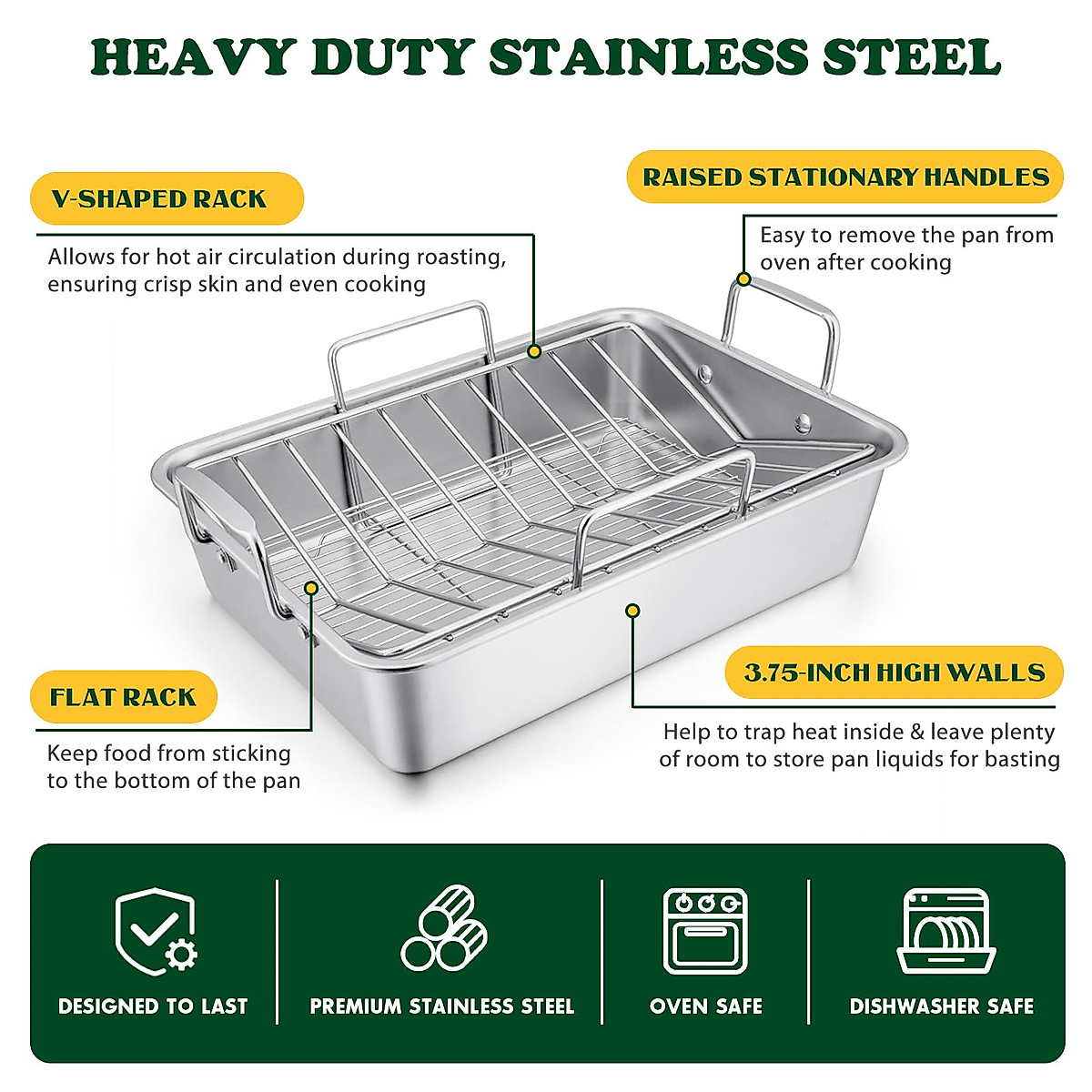 Roasting Pan, E-far 16 x 11.5 Inch Stainless steel Turkey Roaster with Rack - Deep Broiling Pan & V-shaped Rack & Flat Rack, Non-toxic & Heavy Duty, Easy Clean & Dishwasher Safe - Large