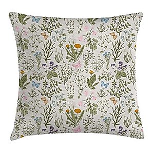 Ambesonne Floral Throw Pillow Cushion Cover, Vintage Garden Plants Herbs Flowers Botanical Classic Design Art, Decorative Square Accent Pillow Case, 26" X 26", Pink Blue