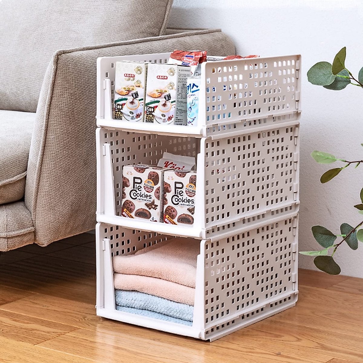 Folding and Stackable Storage Shelf | Foldable Drawer Organizer | Closet Wardrobe Organizer, Set of 4, White