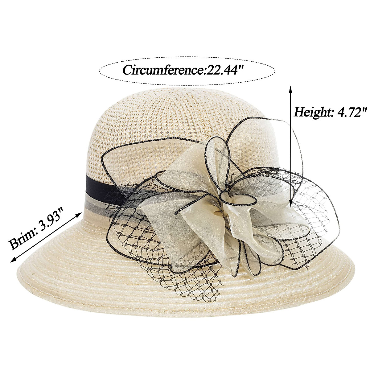 Women Kentucky Organza Derby Hat - Bridal Wedding Church Tea Party Wide Brim Summer Sun Cap Beige
