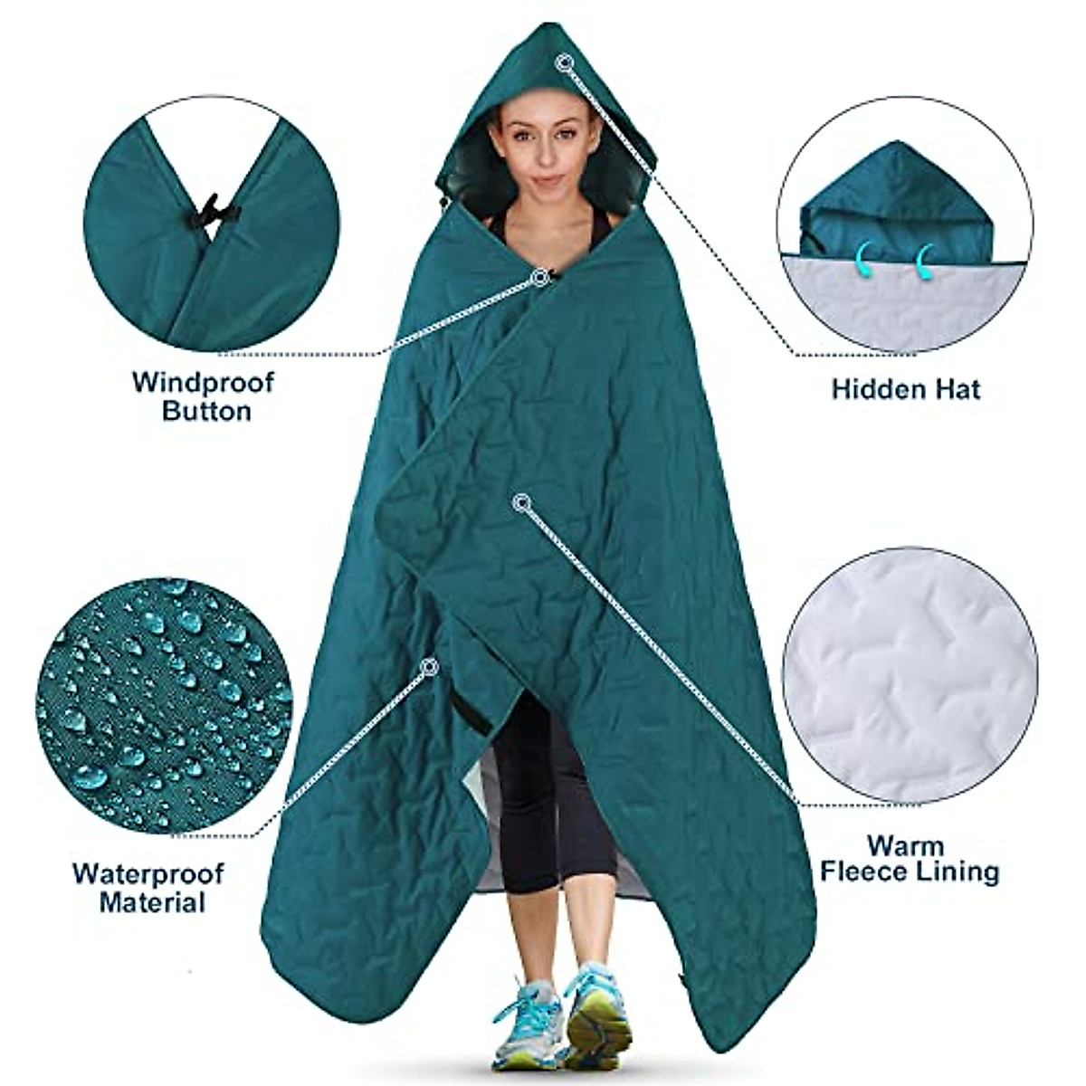 Hooded Outdoor Blanket, Extra Large (82 "x 55") Waterproof Camping Blanket, Quilted, Thick Fleece, Warm, Windproof, Sand Proof, Portable and Wear-Resistant, Perfect for Stadium, Picnic, Camping