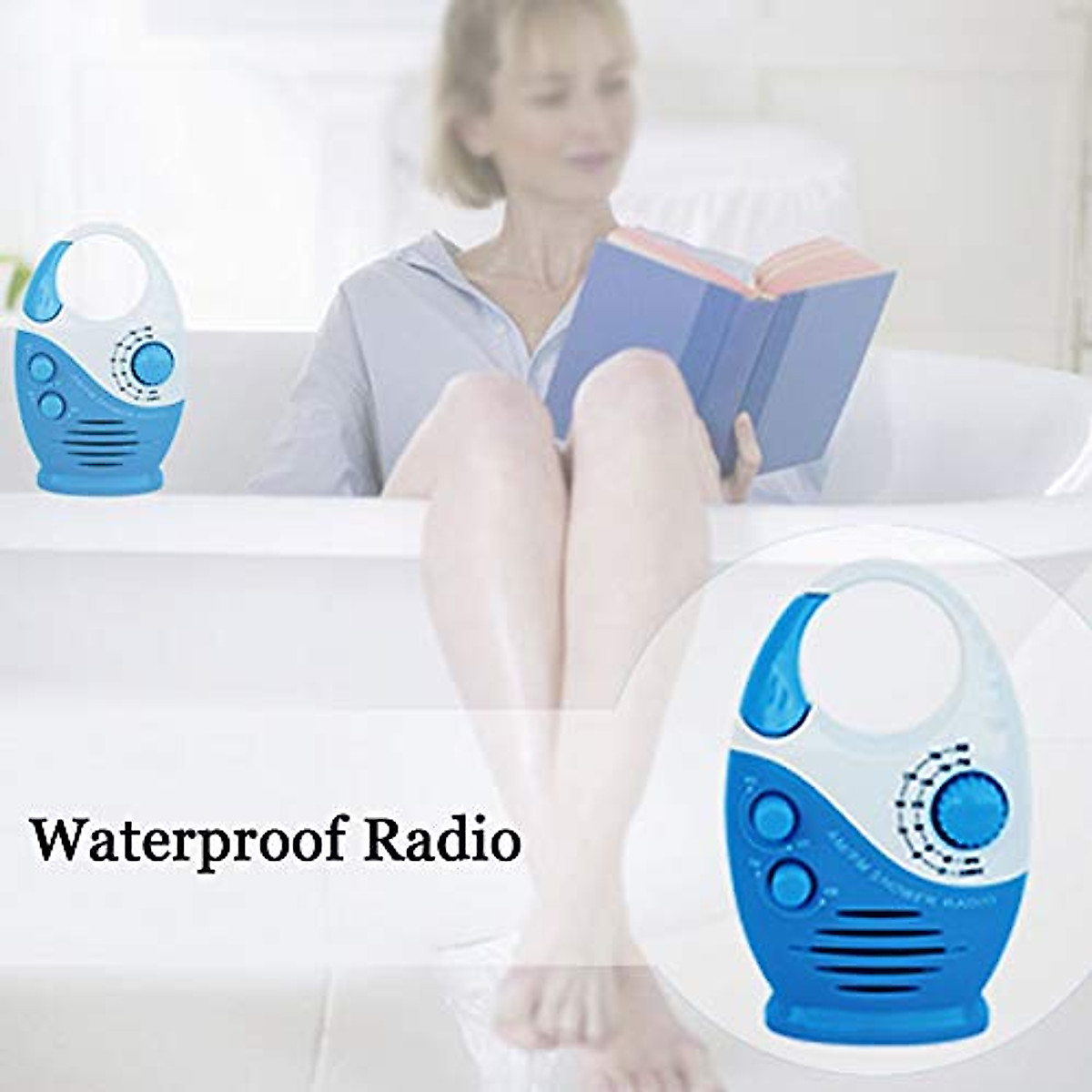 Shower Radio, Bathroom Radio AM FM, Waterproof Hanging Shower Radio Adjustable Volume Built-in Speaker(White Blue)