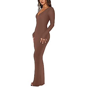 REORIA Women's Sexy Soft Lounge Ribbed Long Dress Fall Elegant Formal Wedding Guest Long Sleeve Deep V Neck Bodycon Maxi Dresses Coffee X-Large