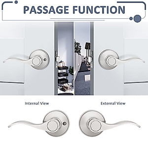 Probrico (2 Pack Passage Door Lever [Non-Locking Lever Set], Non-Locking Door Handle Set for Hallway or Closets, Keyless Satin Nickel Finish Wave Door Lock, Reversible Right & Left Side Handed