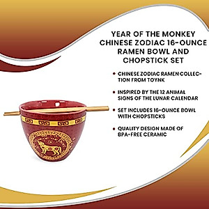 Boom Trendz Year Of The Monkey Chinese Zodiac Ceramic Dinnerware Set | Includes 16-Ounce Ramen Noodle Bowl and Wooden Chopsticks Asian Food Dish For Home & Kitchen Kawaii Lunar New Gifts red One Size