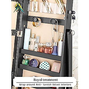 LUXFURNI LED Light Jewelry Cabinet Standing Full Screen Mirror Makeup Lockable Armoire, Large Cosmetic Storage Organizer w/Brush Holder (Black)