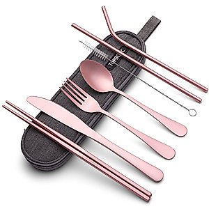 Portable Stainless Steel Flatware Set, Travel Camping Cutlery Set, Portable Utensil Travel Silverware Dinnerware Set with a Waterproof Case (Pink)