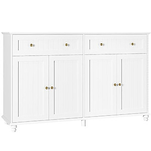 FINETONES Buffet Cabinet with Storage, 55.1” Large Sideboard Buffet Cabinet, White Kitchen Cabinet Display Cabinet with 2 Drawers and 4 Doors, Wood Coffee Bar Cabinet for Kitchen Dining Room