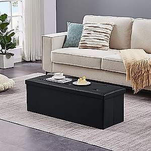 VECELO 43'' Folding Storage Ottoman, End of Bed Bench, Tufted Faux Leather Chest for Living Room, Utility Room, Hallway, Holds up to 660 lb, Easy to Assemble, Black