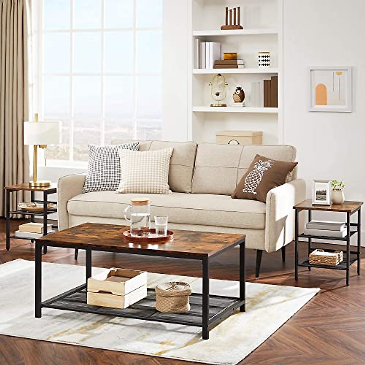 VASAGLE End Table, Nightstand with 2 Adjustable Mesh Shelves, Industrial Side Table for Living Room, Stable Metal Frame, Easy Assembly, Rustic Brown and Black ULET23X