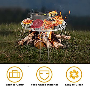 Lineslife Folding 13.4'' Round Campfire Grill Grate, Portable Stainless Steel Camp Fire Cooking Racks with Removable Net 3 Legs for Outdoor Camping Cooking Fire Pit, Silver