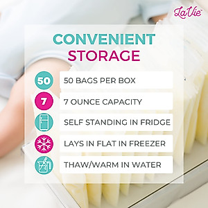 LaVie Breast Milk Storage Bags, 50 Count, 7 Ounce, Pre-Sterilized Breast Milk Containers, Leak-Proof, Space Saving, Self Standing for Refrigerating or Freezing Breast Milk (Pink)