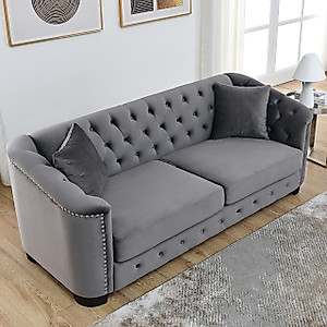POCIYIHOME 77" Velvet Chesterfield, Deep Button Tufted 3 Seater Sofa Couch with Upholstered Backrests and Nailhead Trim Arms for Living Room, Recliner Loveseat Folding Daybed, 2 Pillows (Grey)