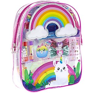 Townley Girl No Drama Llama Makeup Filled backpack Set with 10 Pcs, Including Lip Gloss, Lip Balm, Nail Polish, Nail Stickers, Hair Bows, Flip Up Mirror and More, Ages 3+
