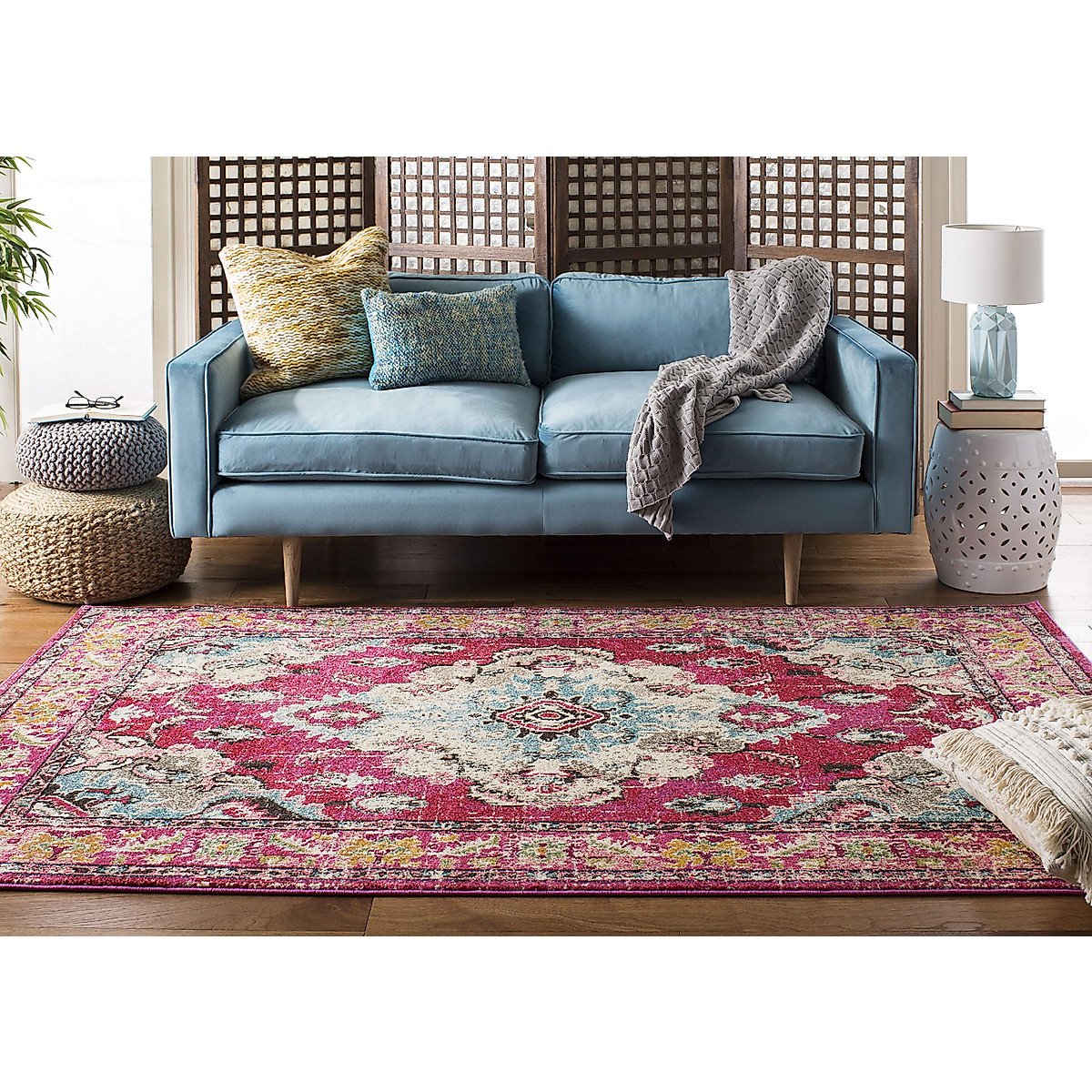 SAFAVIEH Monaco Collection Area Rug - 5' Square, Pink & Multi, Boho Chic Medallion Distressed Design, Non-Shedding & Easy Care, Ideal for High Traffic Areas in Living Room, Bedroom (MNC243D)
