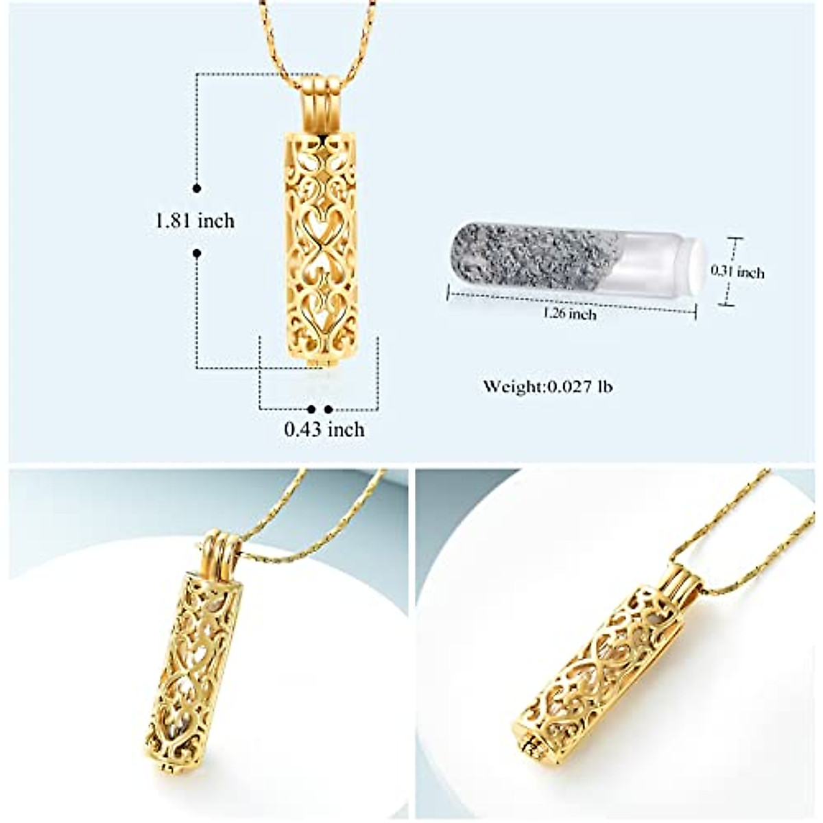 Imrsanl Cremation Jewelry Urn Necklace for Ashes Pendant with Hollow Glass Vial Cylinder Cremation Keepsake Memorial Lockets Ashes Holder for Women Men Pet (Gold)