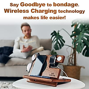 TESLYAR Wood Phone Docking Station Ash Key Holder Wallet Stand Watch Organizer Men Husband Wireless Charging Pad Slim Birthday Nightstand Purse Tablet Watch Compatible with Qi Devices