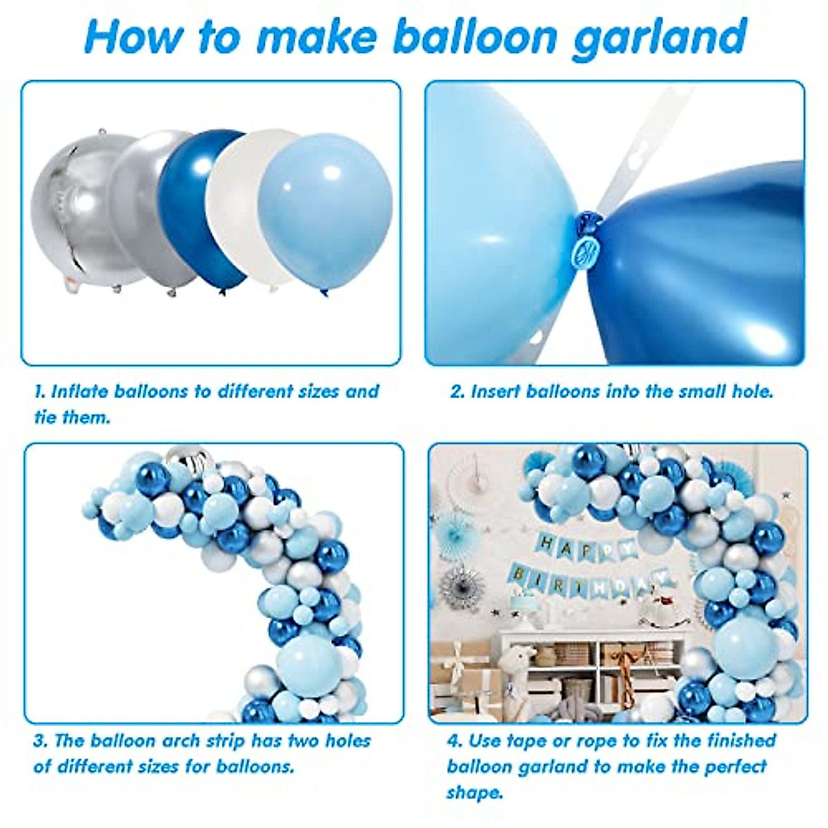 RUBFAC 147pcs Blue Balloon Garland Arch Kit Metallic Pastel Blue White Latex Balloons and 4D Silver Balloons Set for Baby Shower Wedding Birthday Party Background Decorations